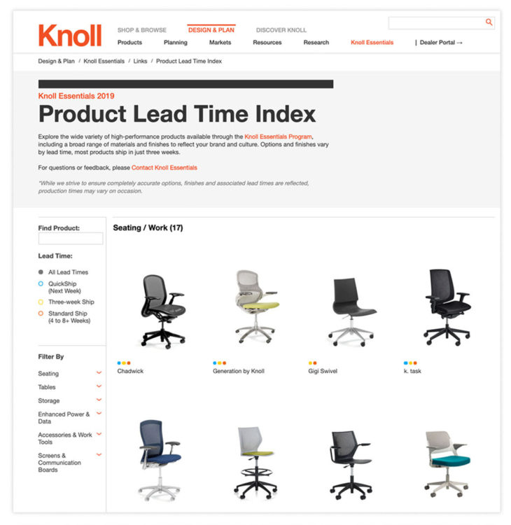 New Tool for Speed and Ease: Knoll Essentials Product Lead Time Index ...